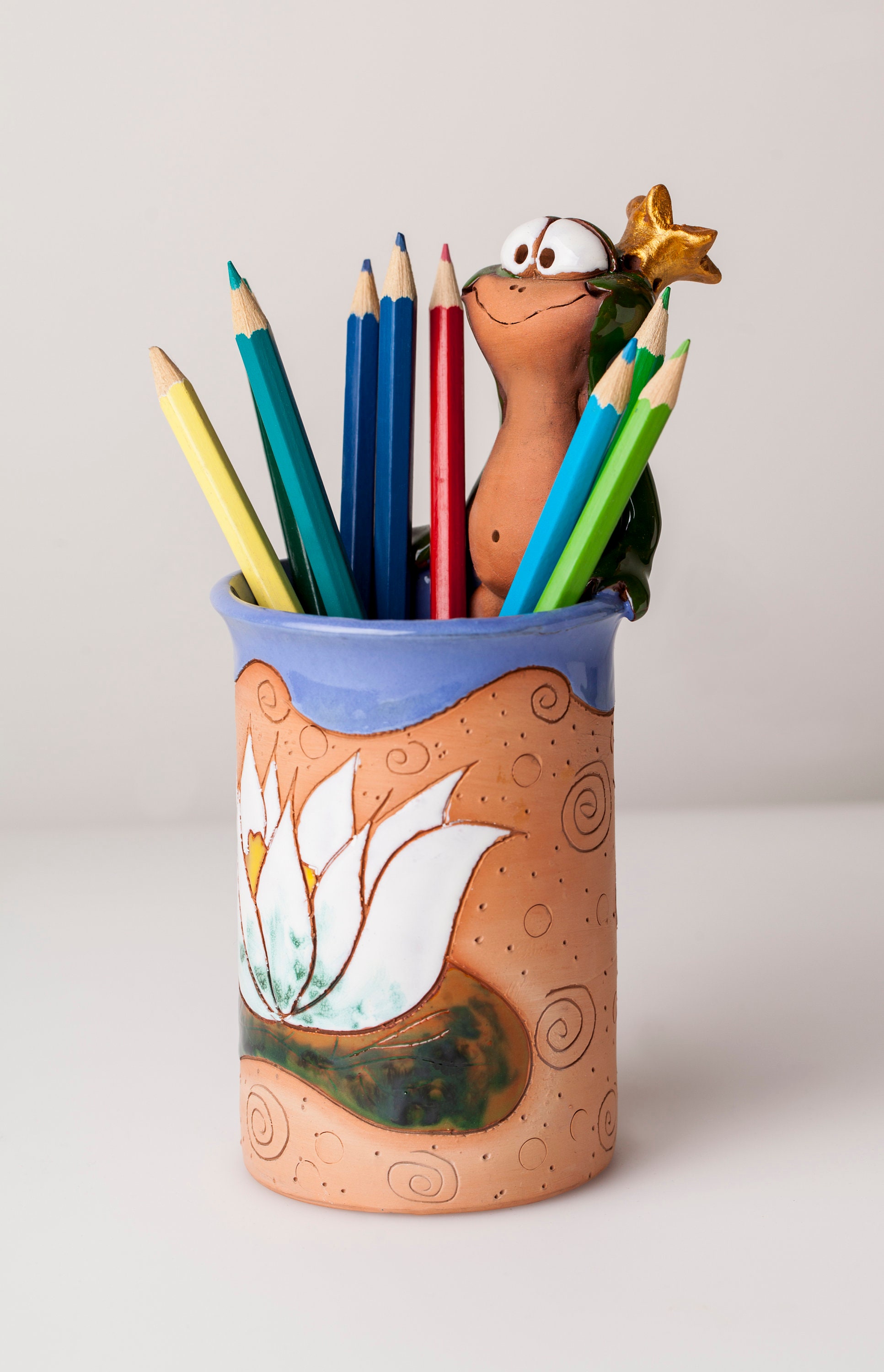 Handmade Ceramic Pen/pencil Holder, Frog Design, Pencil Box With Fun ...