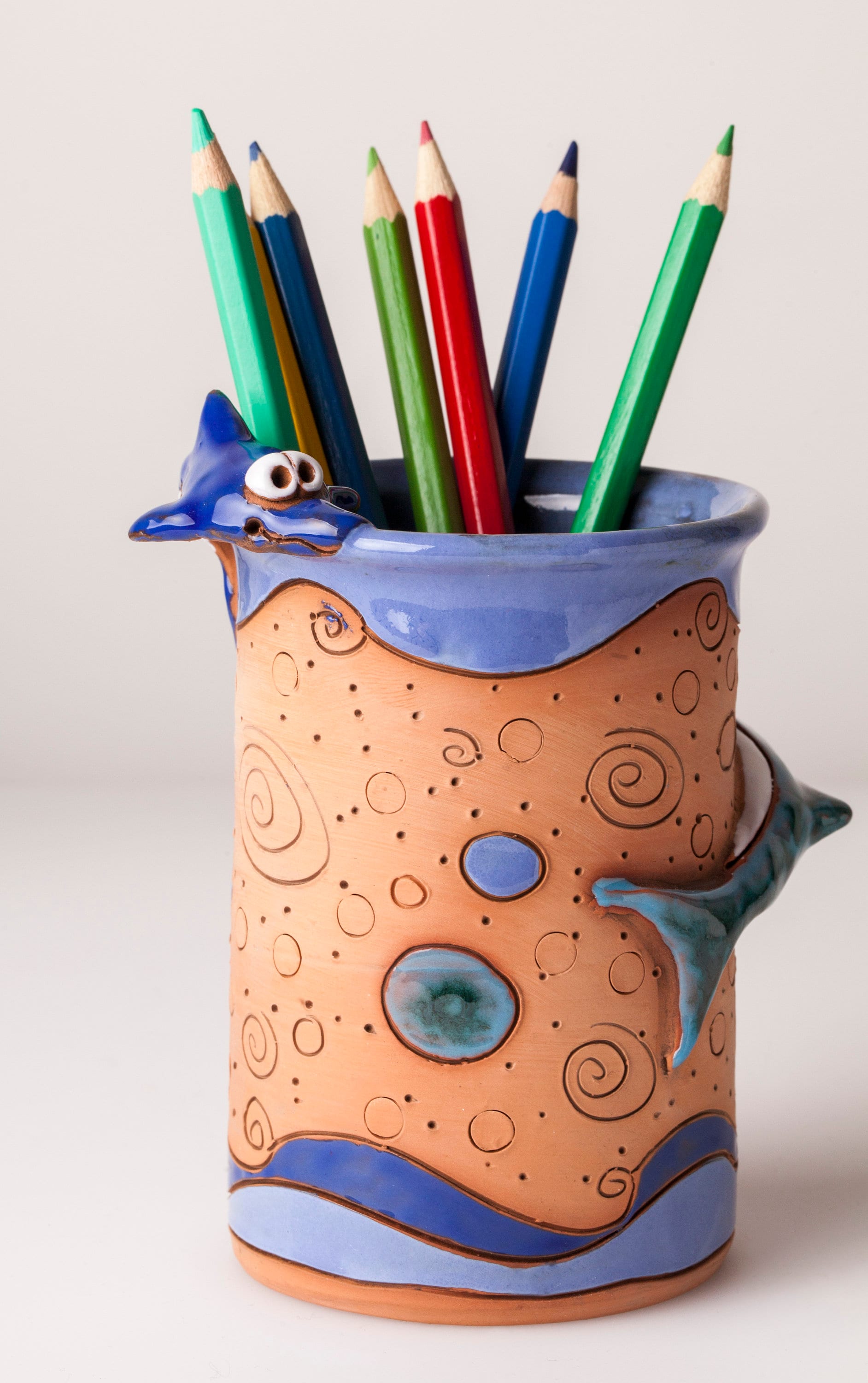Handmade Ceramic Pen/pencil Holder, Dolphins Design, Pencil Box With ...