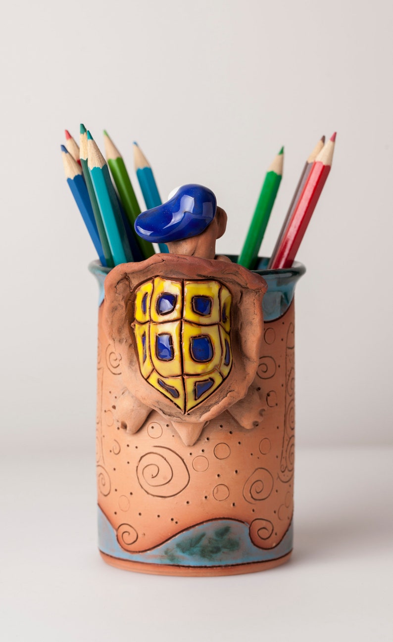 Handmade Ceramic Pen/pencil Holder, Turtle Design, Pencil Box With Fun ...