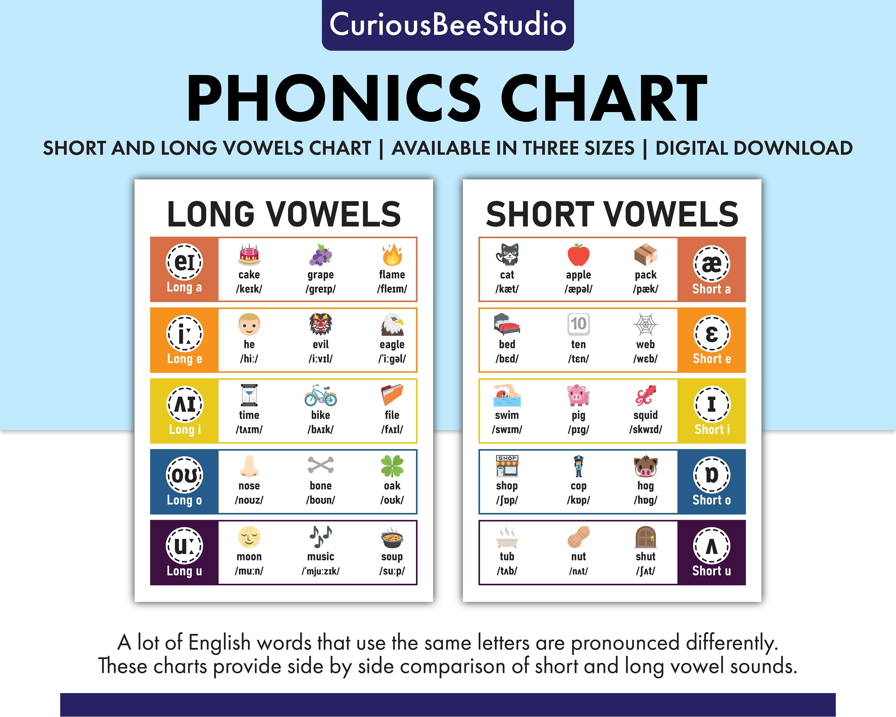Short and Long Vowels Phonics Chart for Kids, Teaching Aid for English ...