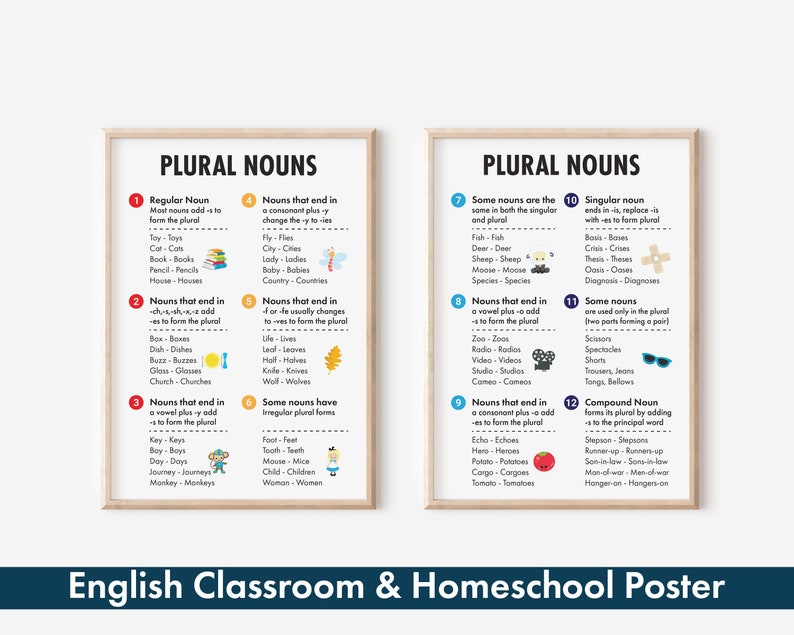 Plural Nouns With 12 Rules and Examples - English Grammar Poster for ...