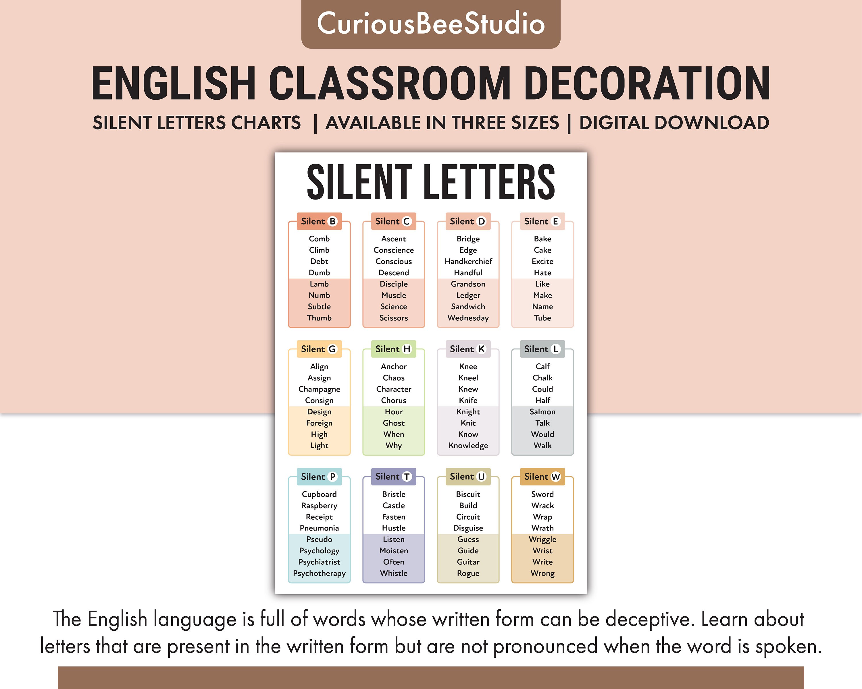 Silent Letters in English Language, Boho Themed English Classroom Chart ...