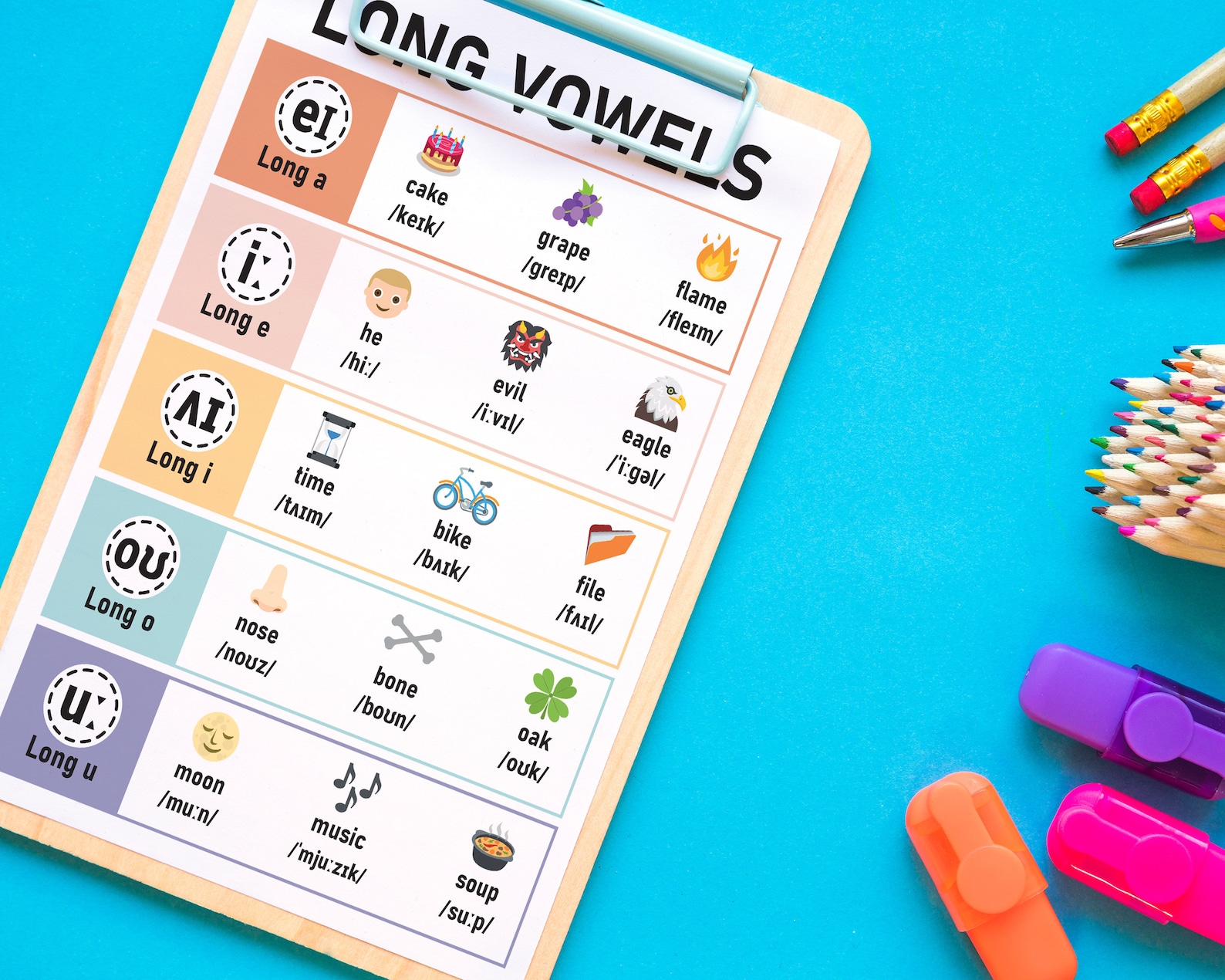 Long and Short Vowels Phonics Chart for Kids, Teaching Aid for English ...
