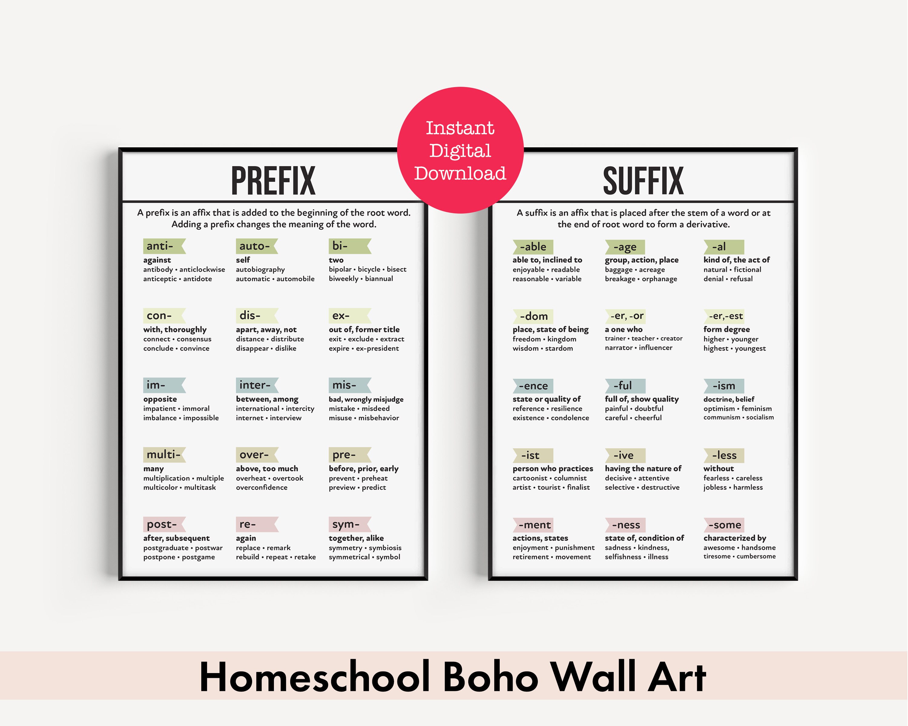 Prefixes and Suffixes Posters, Boho Wall Art for Homeschool and English ...