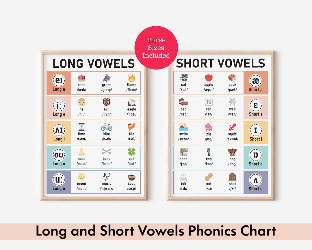 Long and Short Vowels Phonics Chart for Kids, Teaching Aid for English ...
