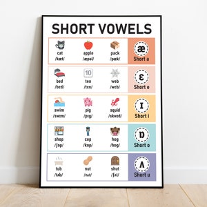 Long and Short Vowels Phonics Chart for Kids, Teaching Aid for English ...