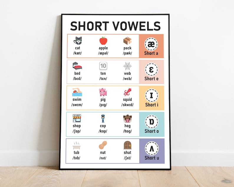Long and Short Vowels Phonics Chart for Kids, Teaching Aid for English ...