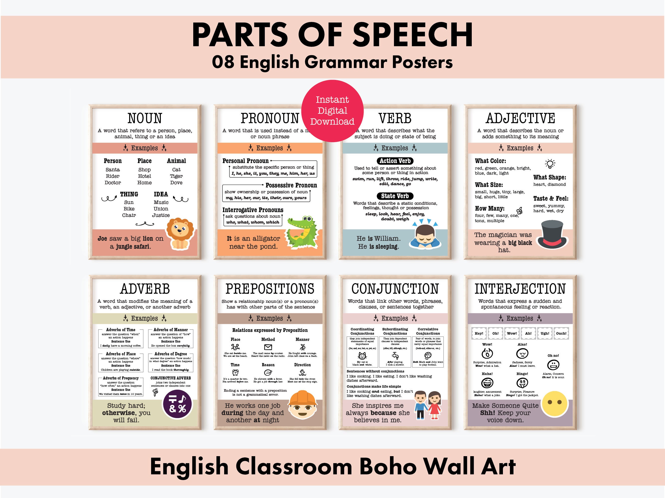 8 Parts of Speech - English Grammar Posters, Boho Language Learning ...