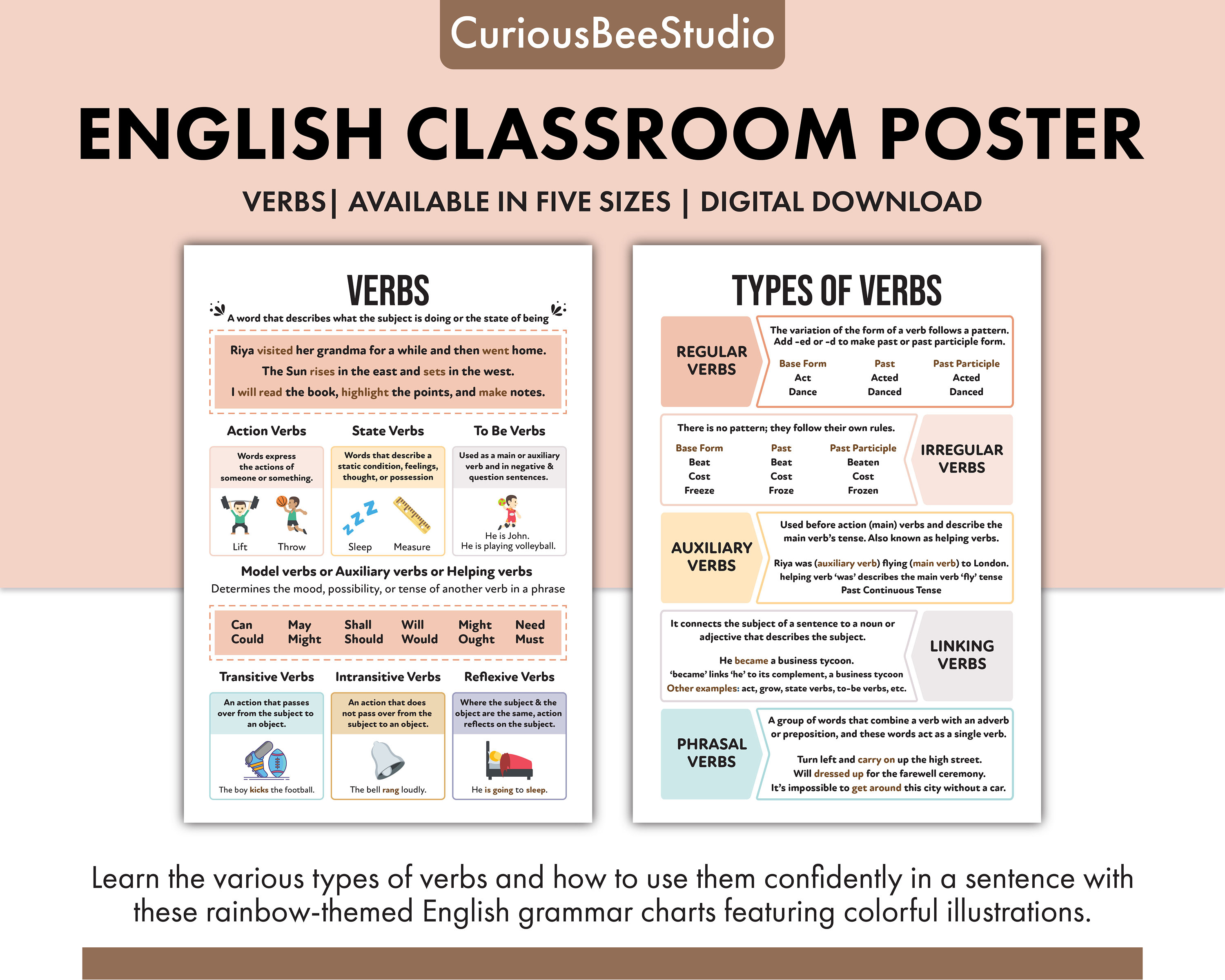 Verbs English Grammar Poster: Learn Different Types of Verbs and How to ...