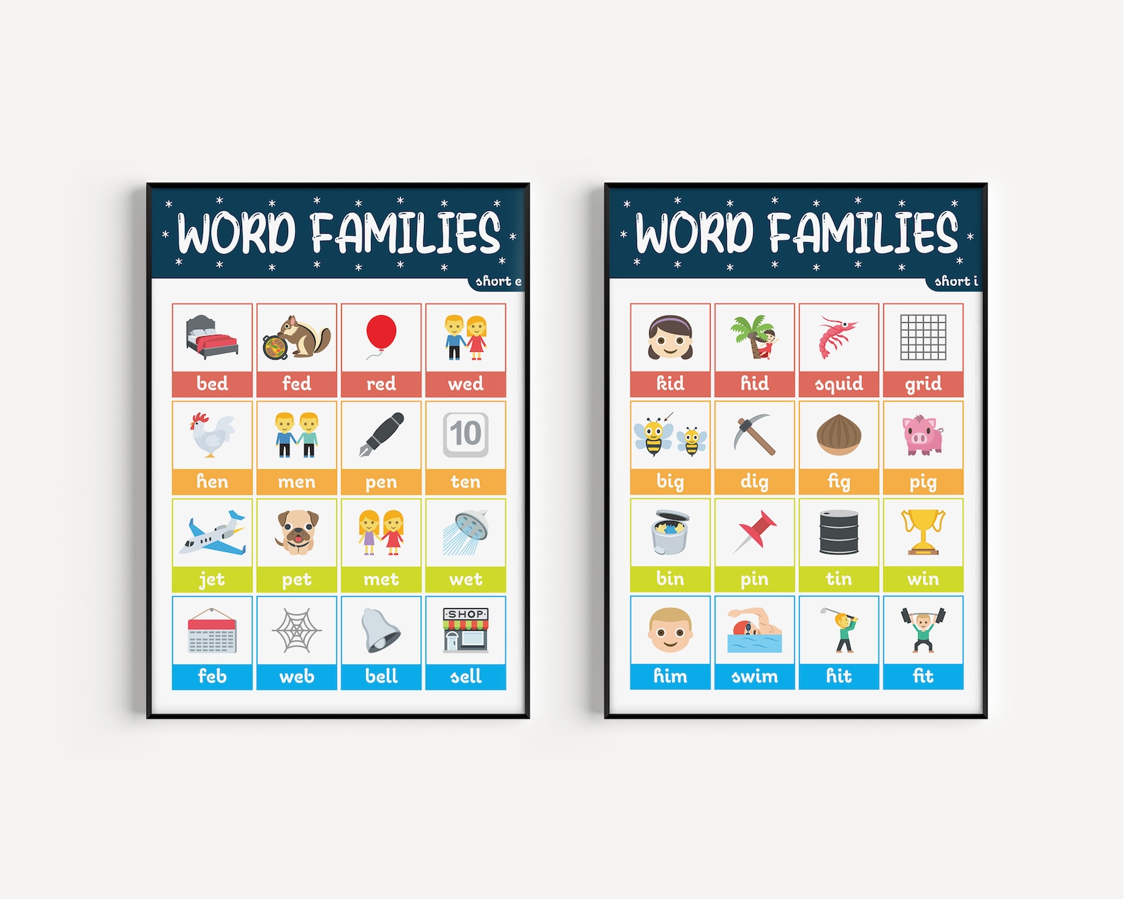 Set of 6 English Phonics Sound Posters, Word Families, Short Vowel ...
