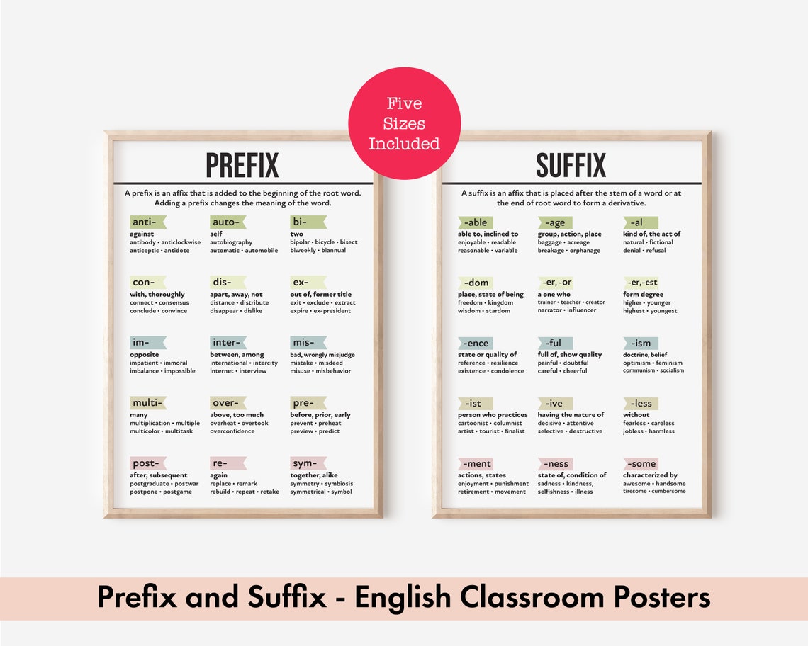 Prefixes and Suffixes Posters, Boho Wall Art for Homeschool and English ...