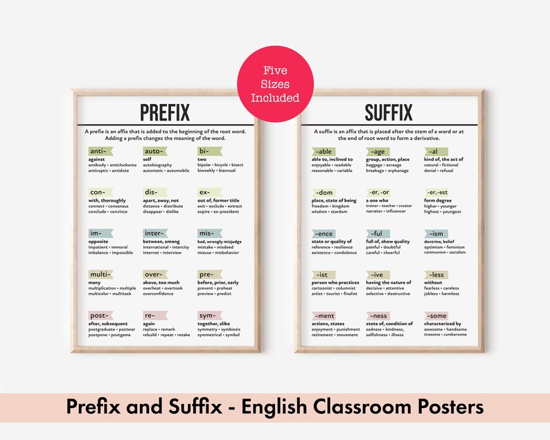 Prefixes and Suffixes Posters, Boho Wall Art for Homeschool and English ...