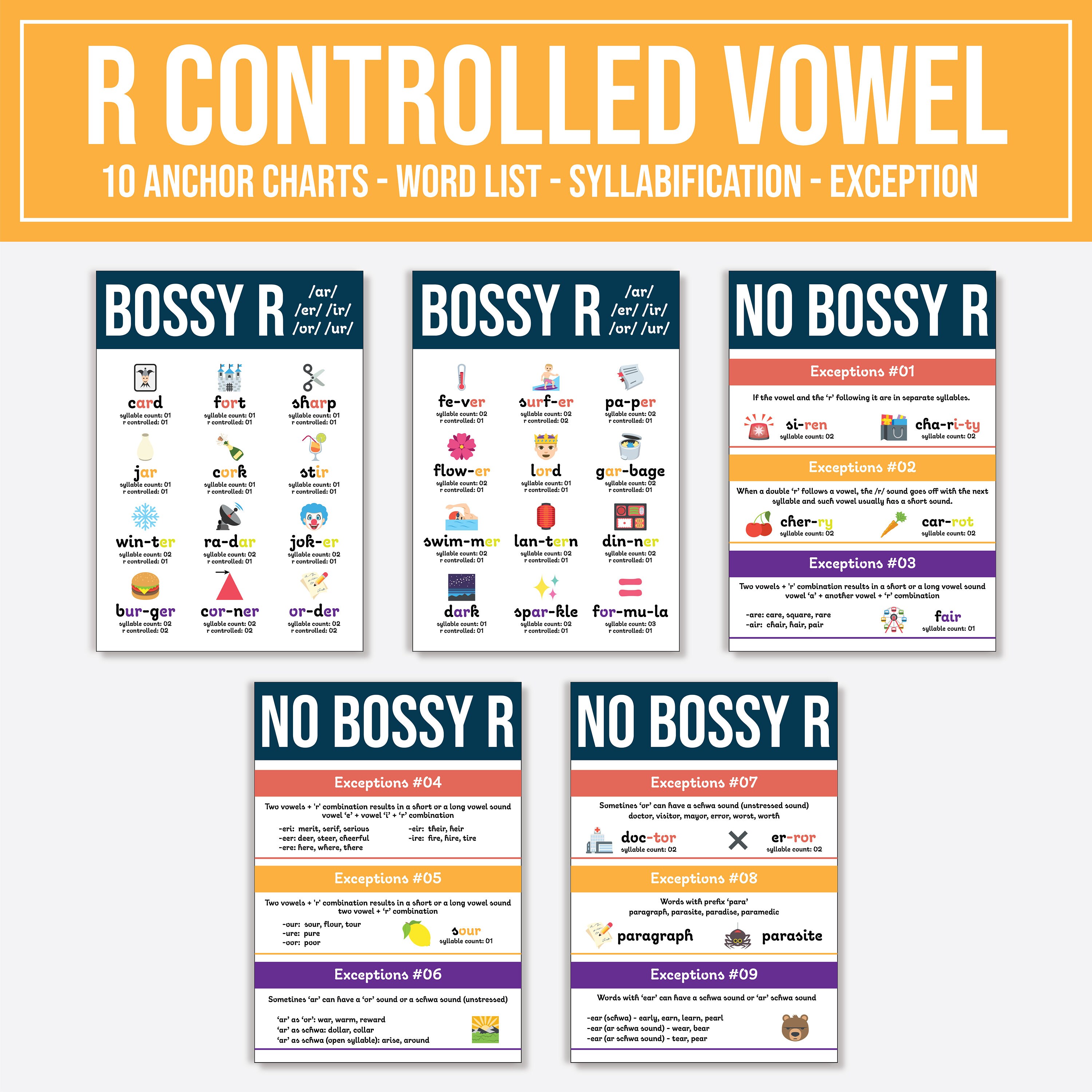 R Controlled Vowels Anchor Charts – 10 Nos. | Syllabification of R ...