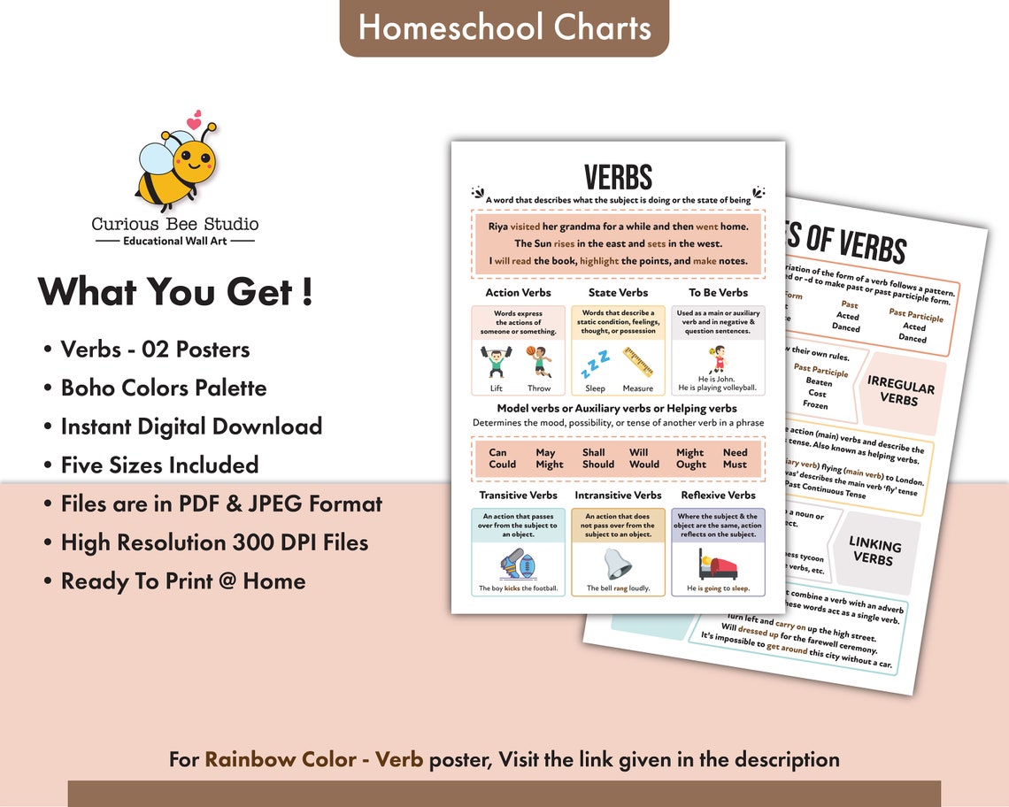 Verbs English Grammar Poster: Learn Different Types of Verbs and How to ...