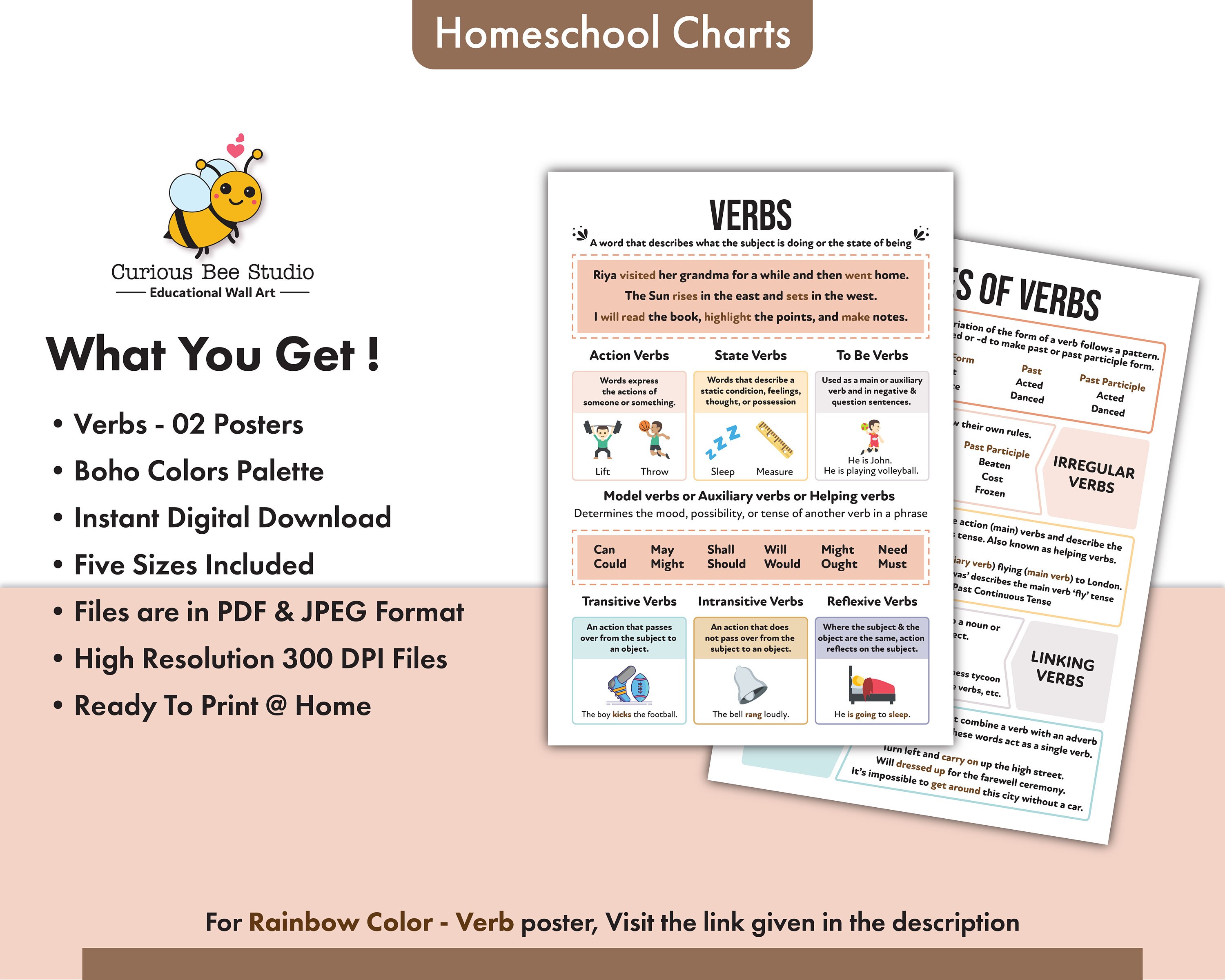 Verbs English Grammar Poster: Learn Different Types of Verbs and How to ...
