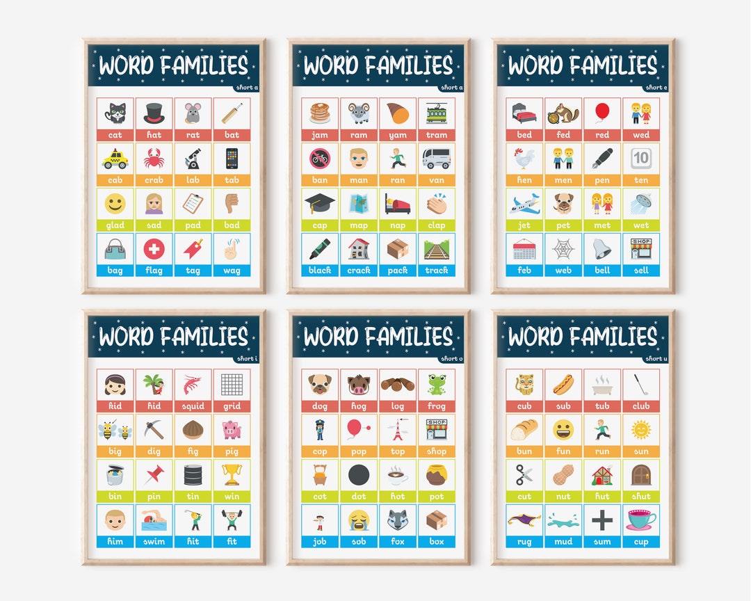 Set of 6 English Phonics Sound Posters, Word Families, Short Vowel ...
