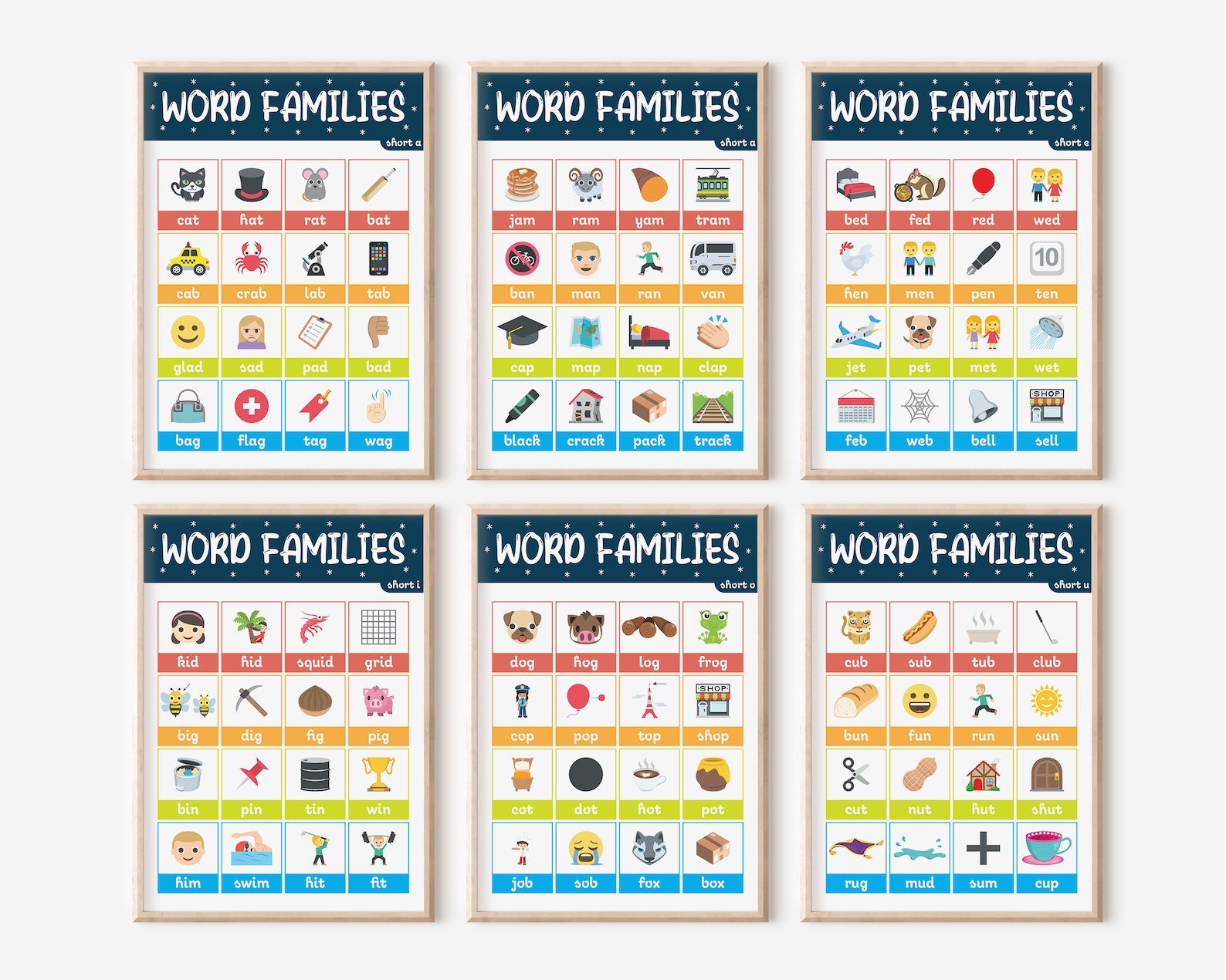 Set of 6 English Phonics Sound Posters, Word Families, Short Vowel ...