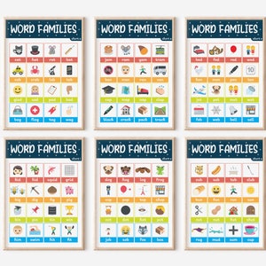 Set of 6 English Phonics Sound Posters, Word Families, Short Vowel ...