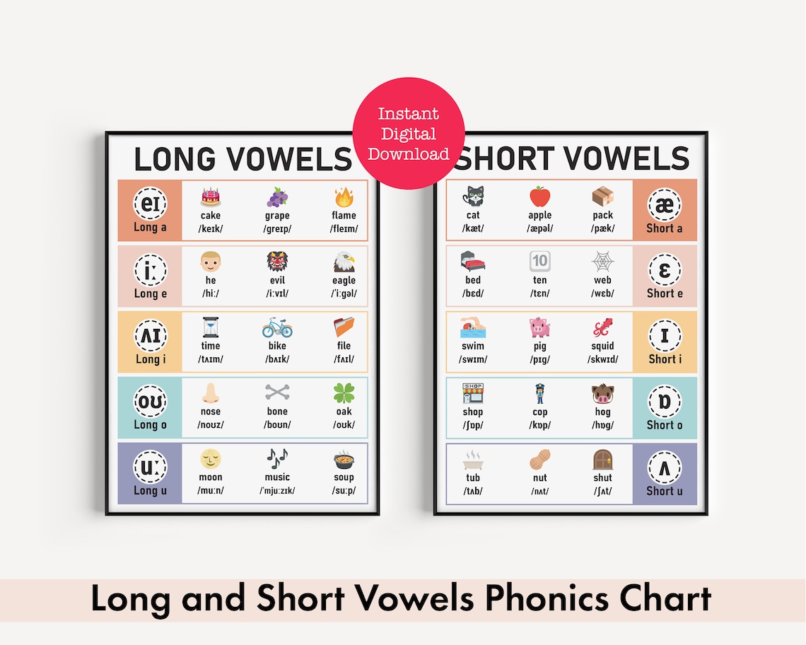Long and Short Vowels Phonics Chart for Kids, Teaching Aid for English ...