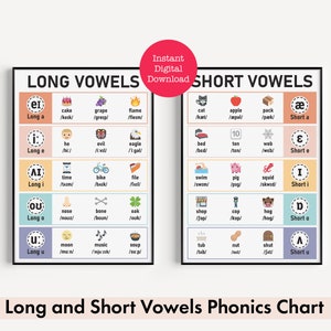 Long and Short Vowels Phonics Chart for Kids, Teaching Aid for English ...