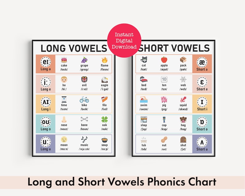 Long and Short Vowels Phonics Chart for Kids, Teaching Aid for English ...