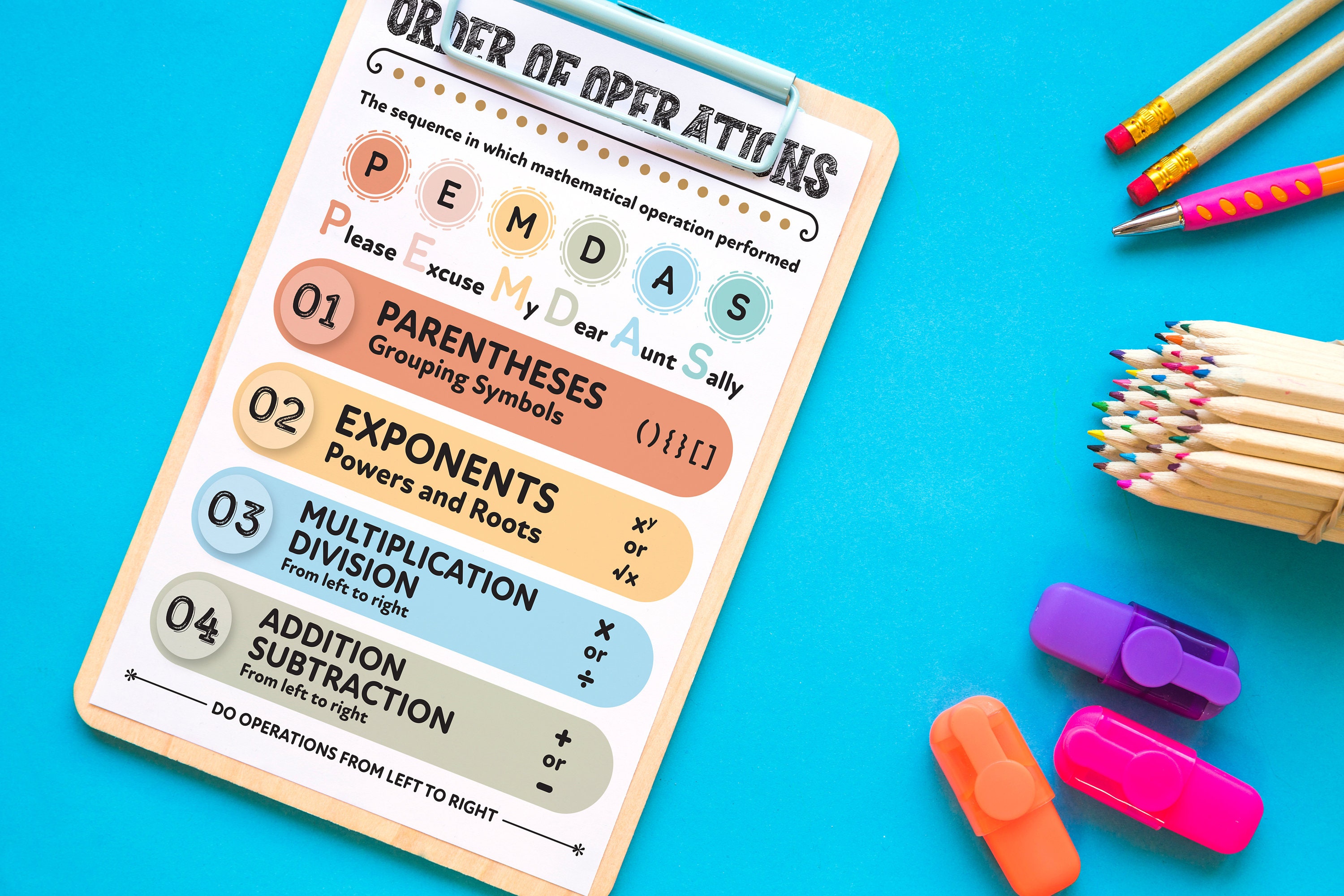 Order of Operations boho Colors, Maths Classroom Poster, PEMDAS Poster ...