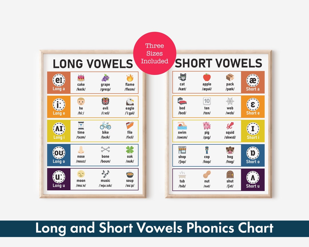 Short and Long Vowels Phonics Chart for Kids, Teaching Aid for English ...