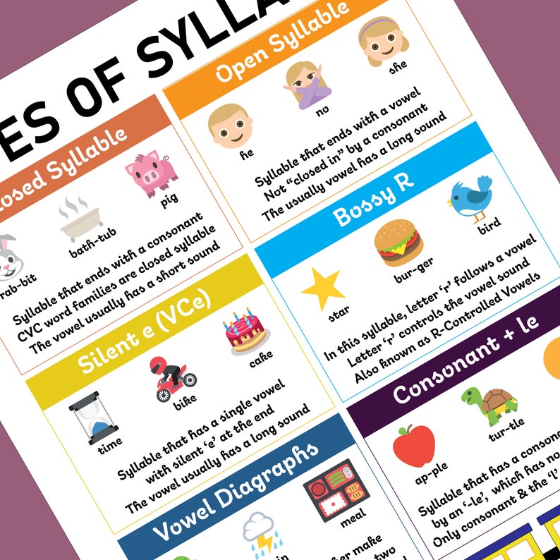 Types of Syllables, Phonics & Word Recognition Poster for Kids ...