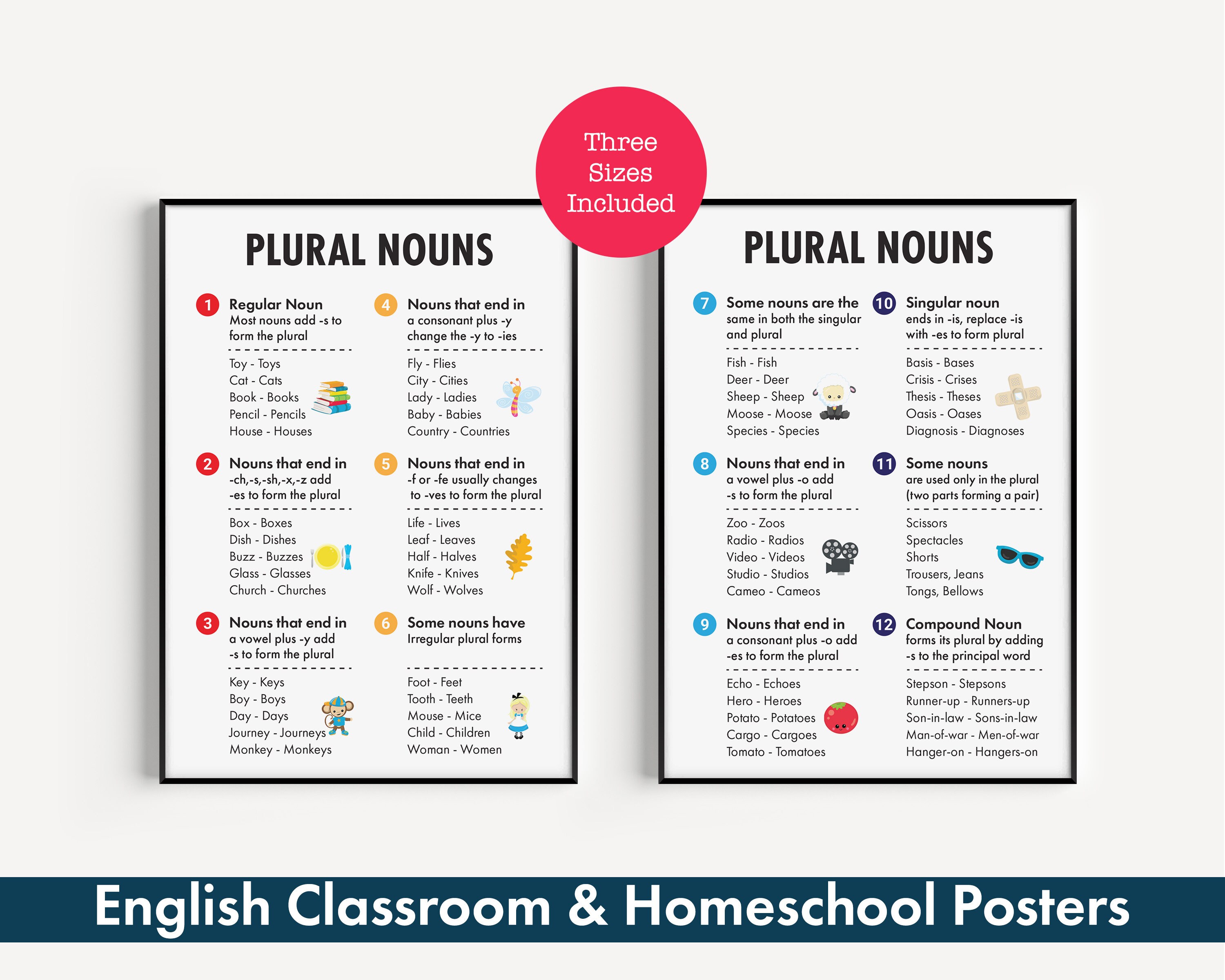 Plural Nouns With 12 Rules and Examples - English Grammar Poster for ...