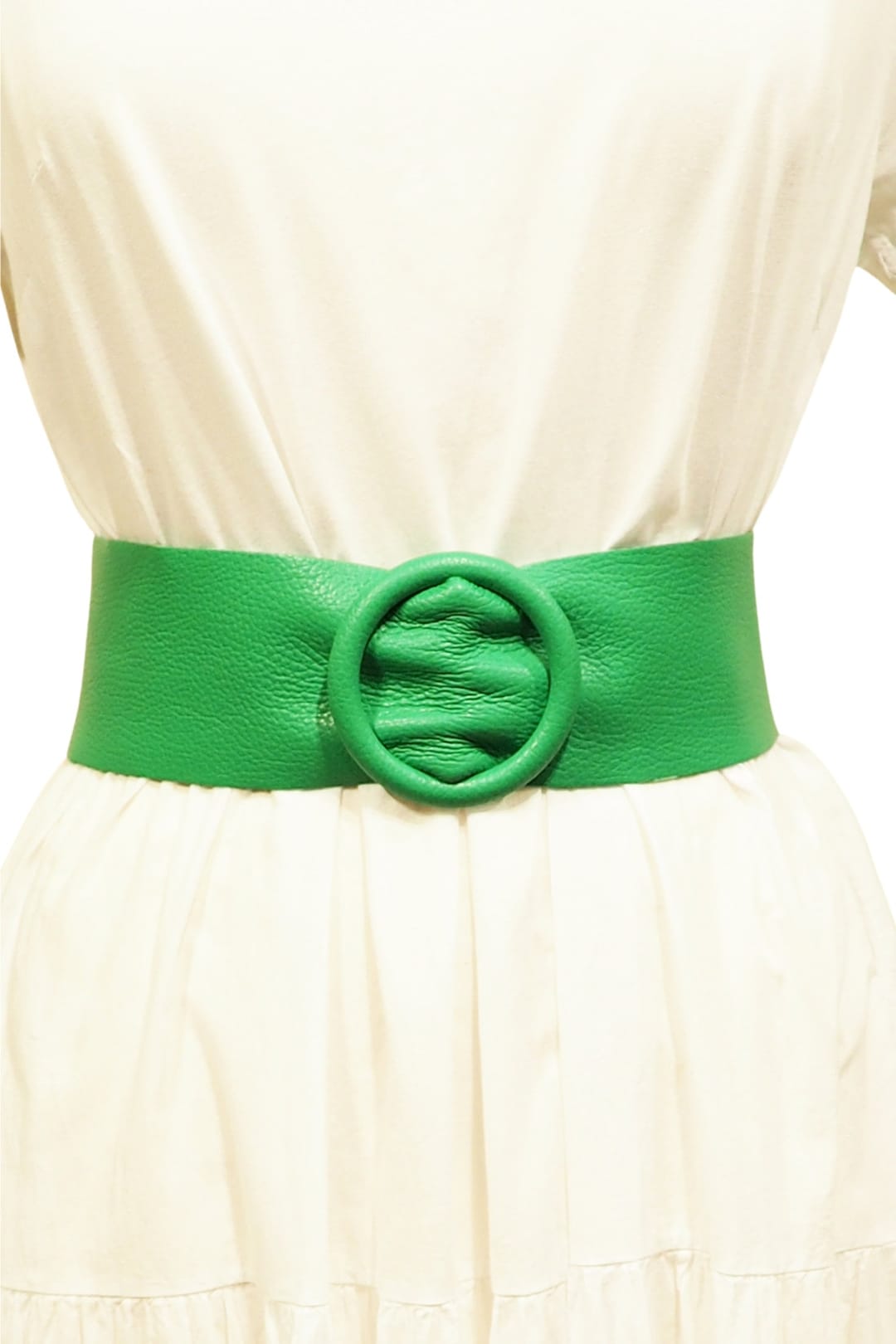 Green Leather Belt With Circle Buckle, Genuine Leather Italian Belt ...