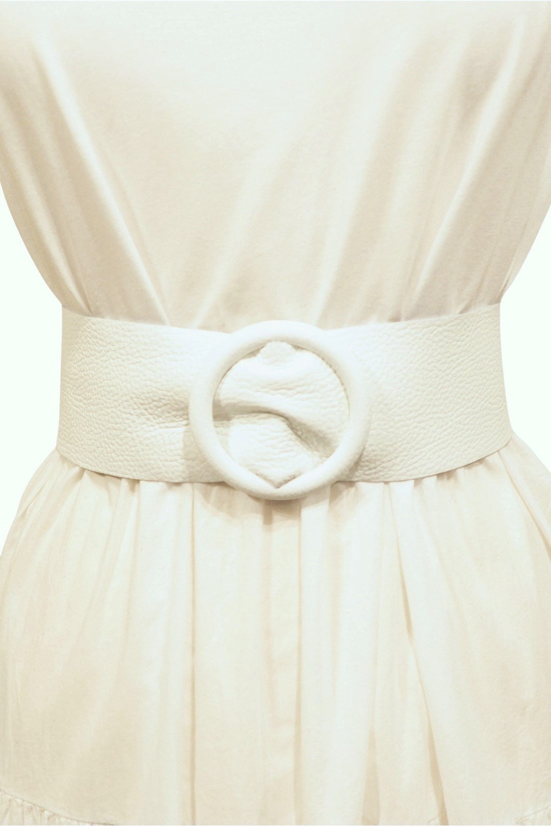 White Leather Belt With Circle Buckle, Genuine Leather Italian Woman ...
