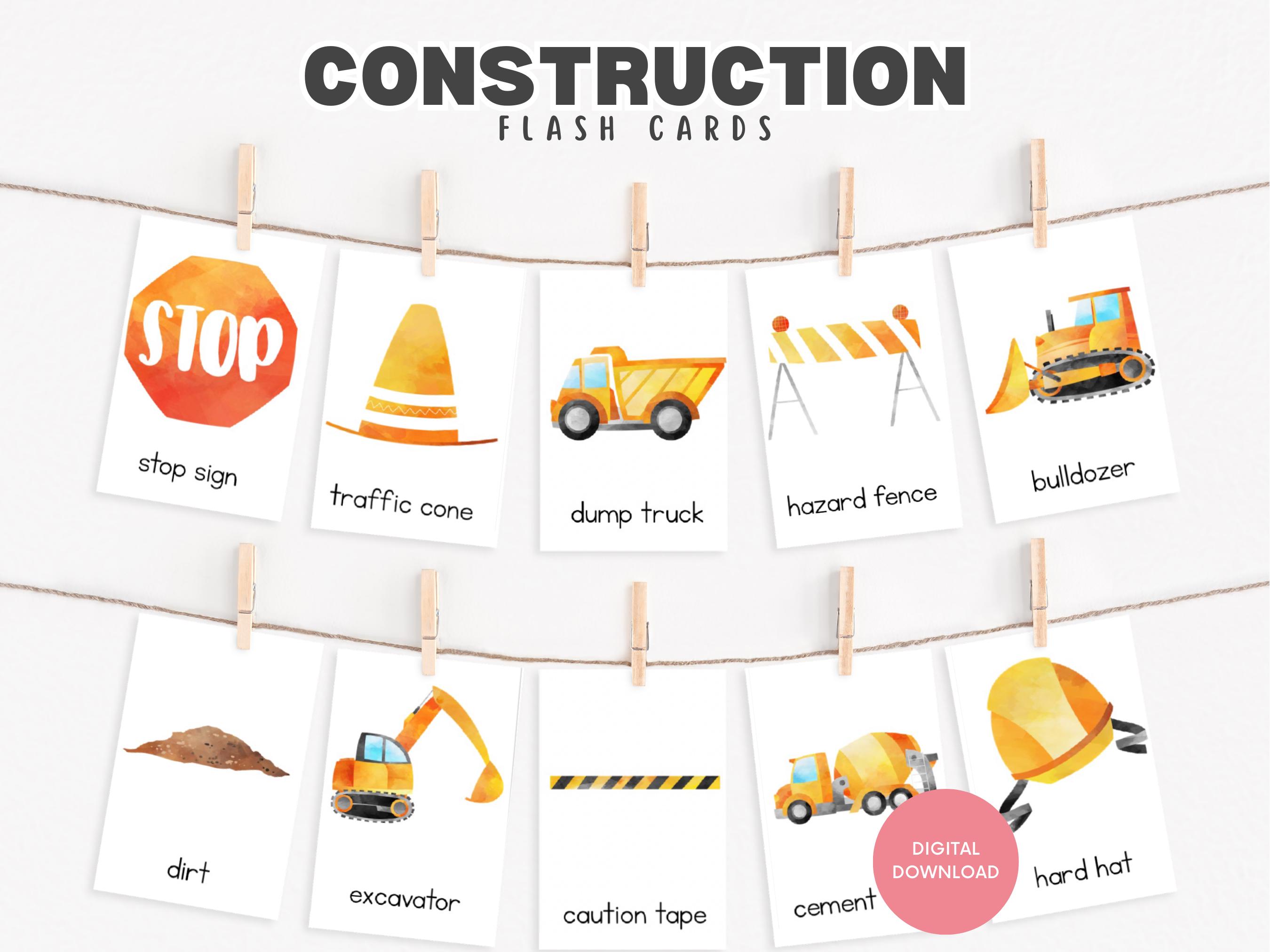Construction Flashcards for Preschool, Printable PDF, Watercolor ...