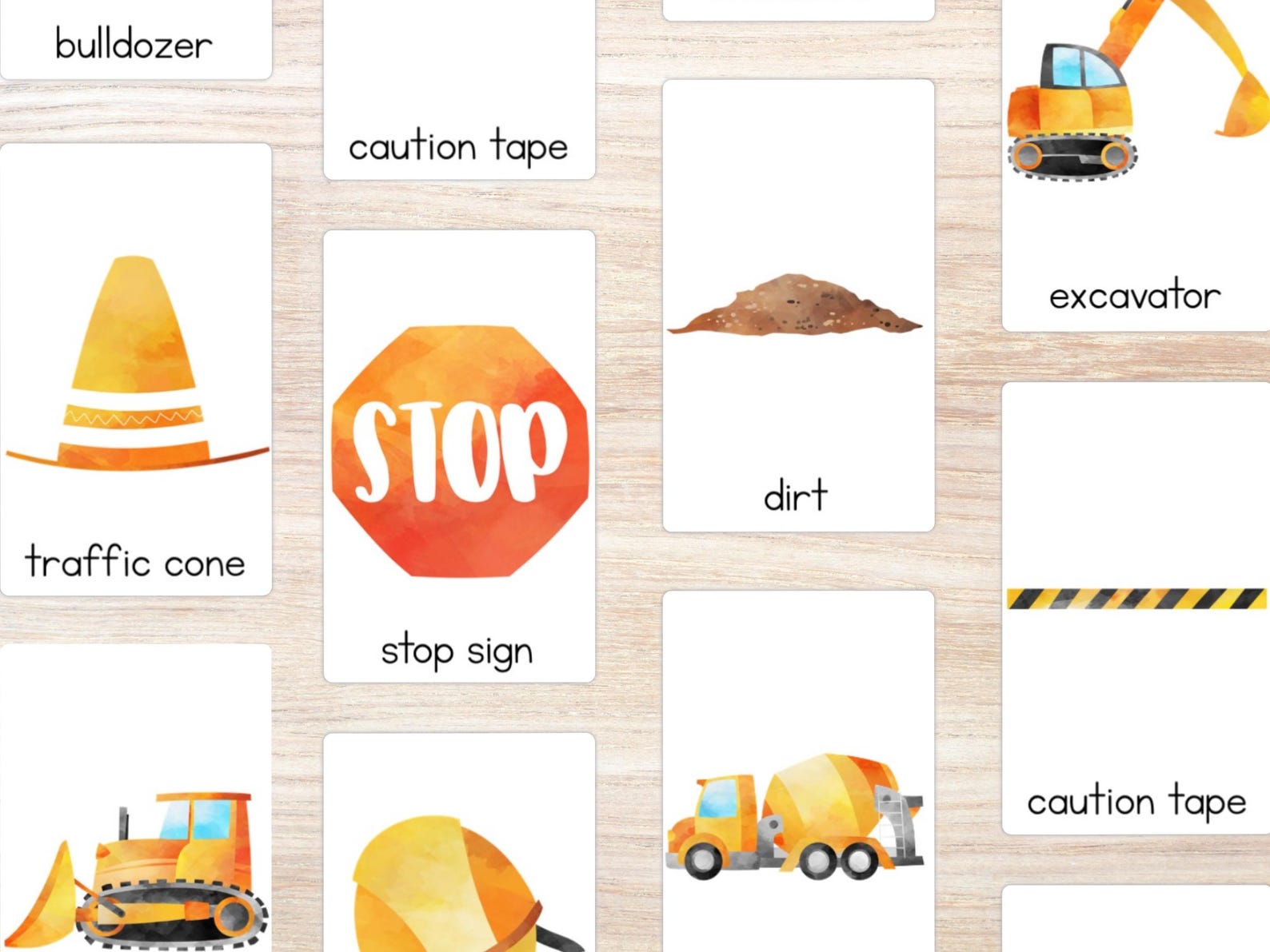 Construction Flashcards for Preschool, Printable PDF, Watercolor ...