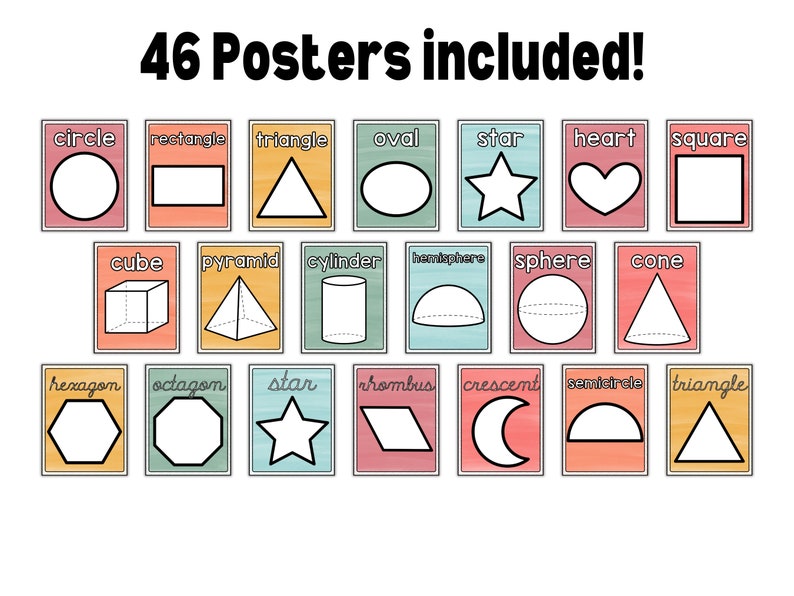 Printable Shape Posters Classroom Decor, Boho, Watercolor, 2D Shapes ...