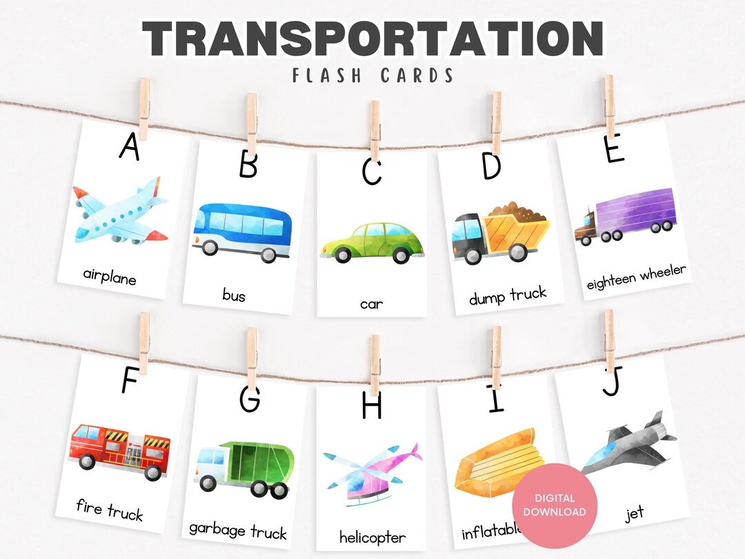 ABC Transportation Flash Cards Printable, Vehicle Alphabet A-Z ...