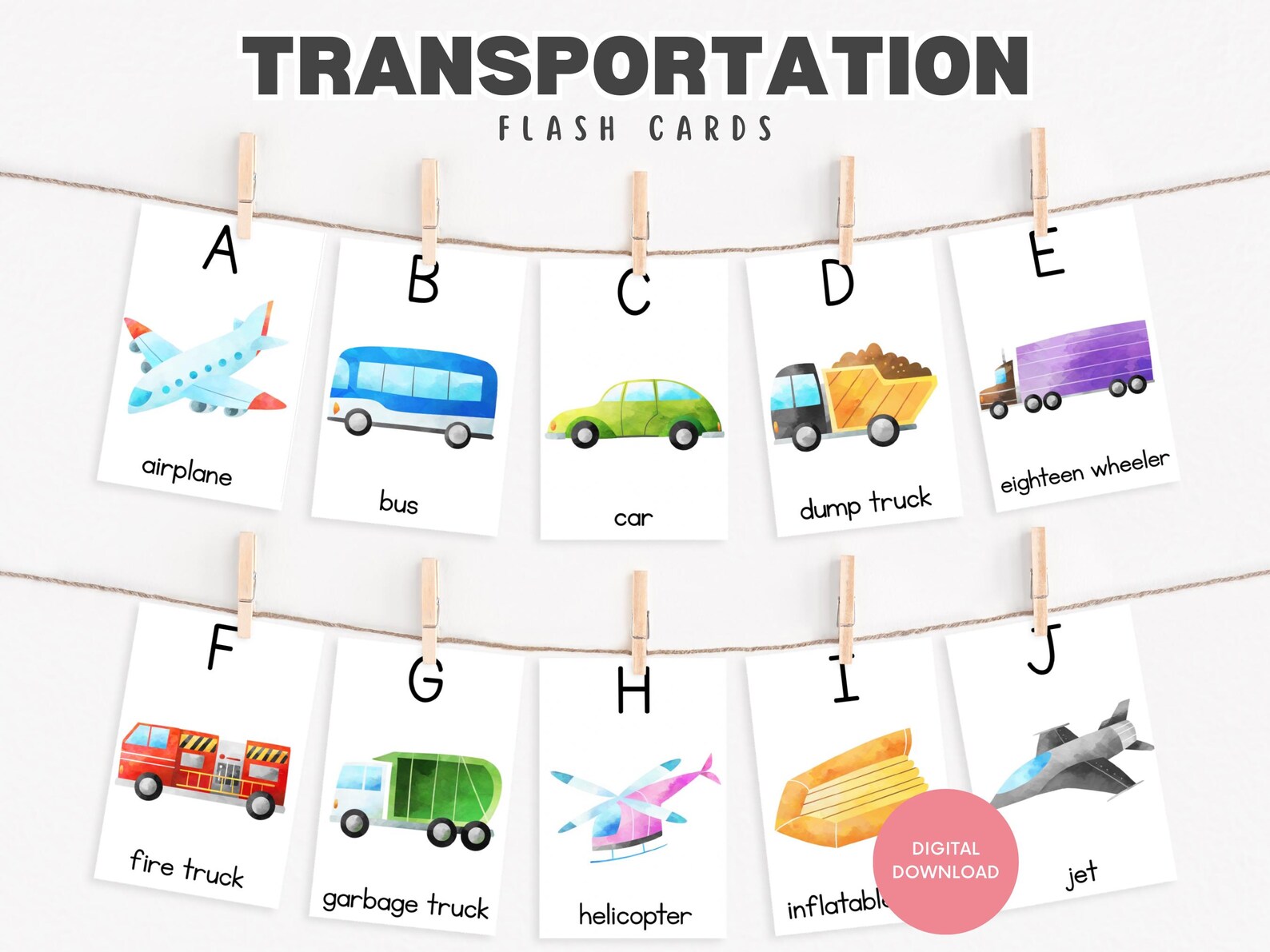 ABC Transportation Flash Cards Printable, Vehicle Alphabet A-Z ...