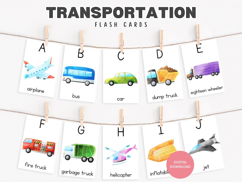 ABC Transportation Flash Cards Printable, Vehicle Alphabet A-Z ...