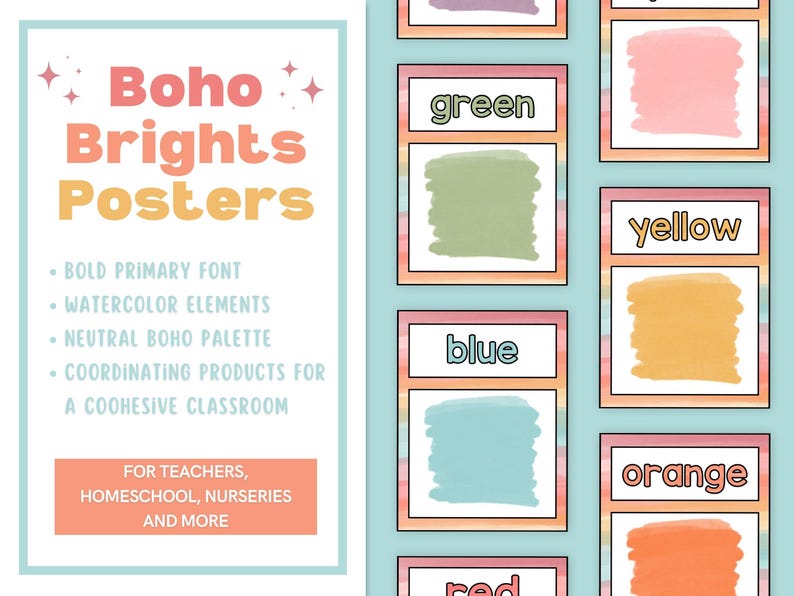 Printable Color Posters Classroom Decor, Boho, Watercolor - Etsy