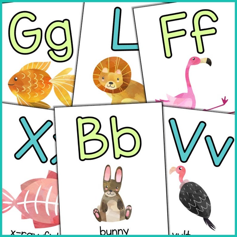 Printable ABC Posters Classroom Decor, Classic White, Watercolor, Teal ...