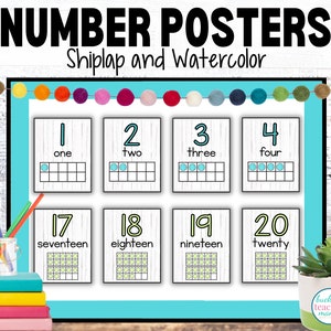 Printable Number Posters Classroom Decor, Shiplap, Watercolor, Teal ...