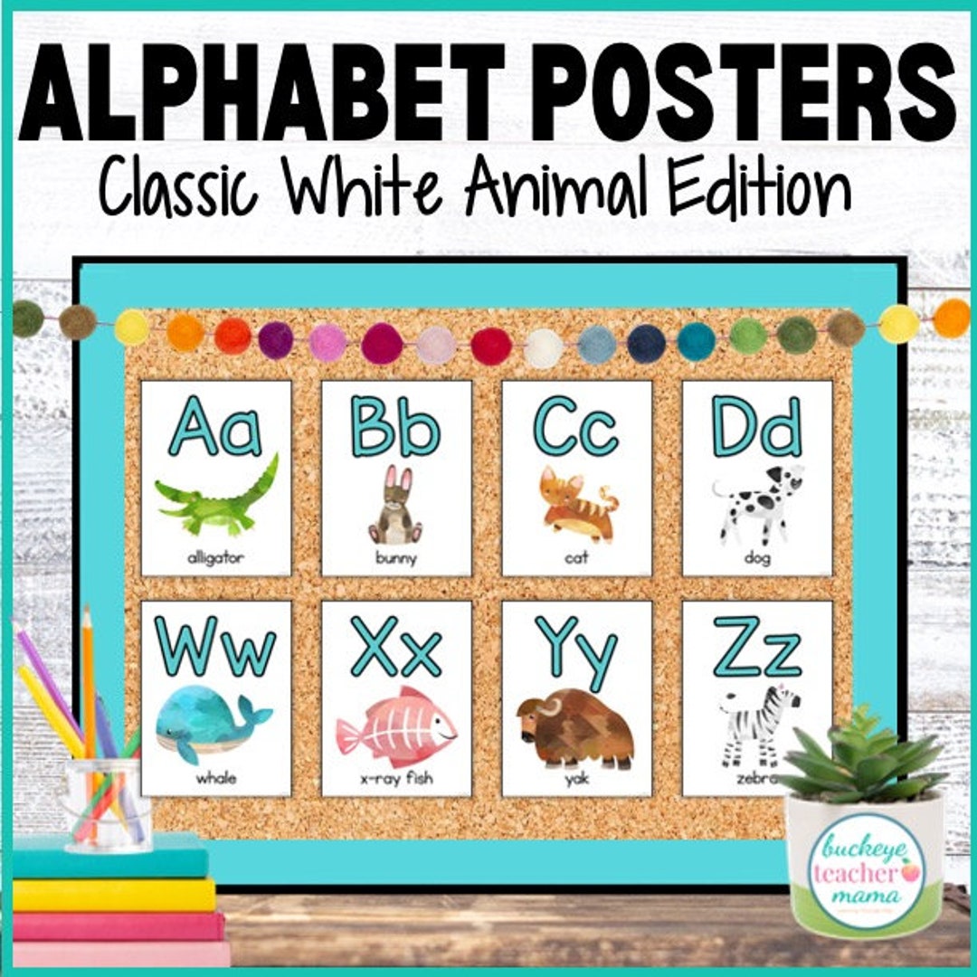 Printable ABC Posters Classroom Decor, Classic White, Watercolor, Teal ...