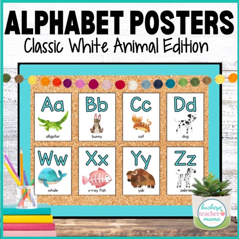 Printable ABC Posters Classroom Decor, Classic White, Watercolor, Teal ...
