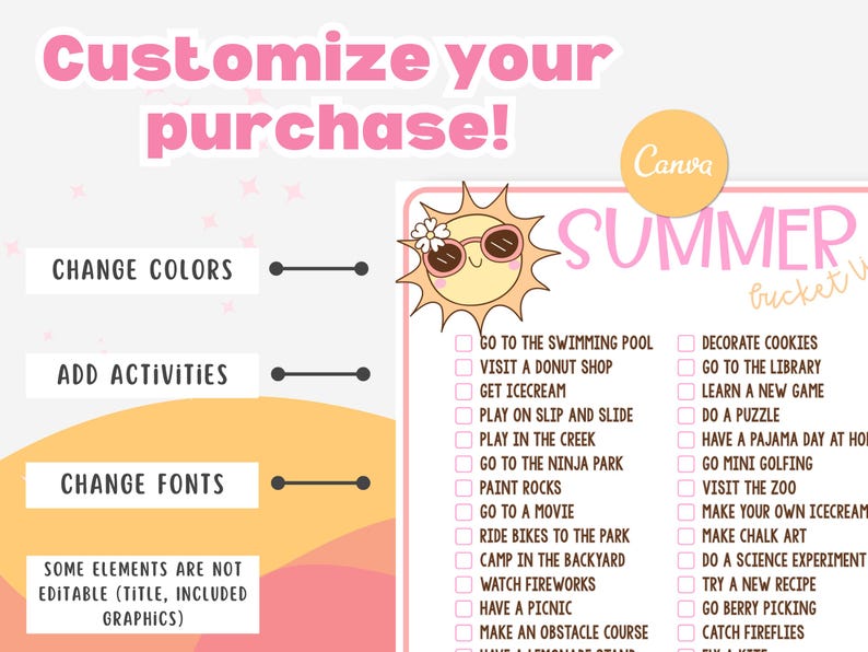 Editable Summer Bucket List Printable, Custom Kids Bucket List, Summer ...