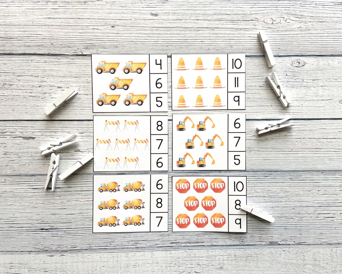 Construction Clip Cards for Preschool Montessori Letters and Counting ...