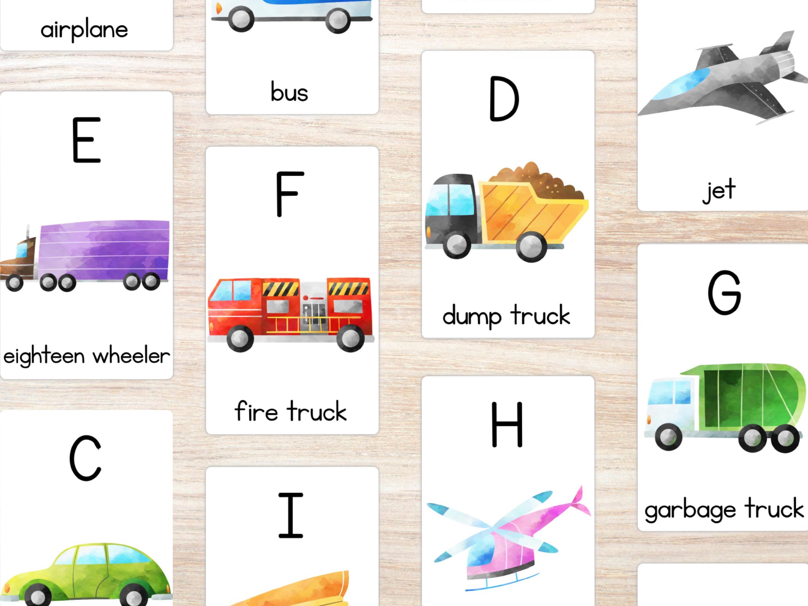 ABC Transportation Flash Cards Printable, Vehicle Alphabet A-Z ...