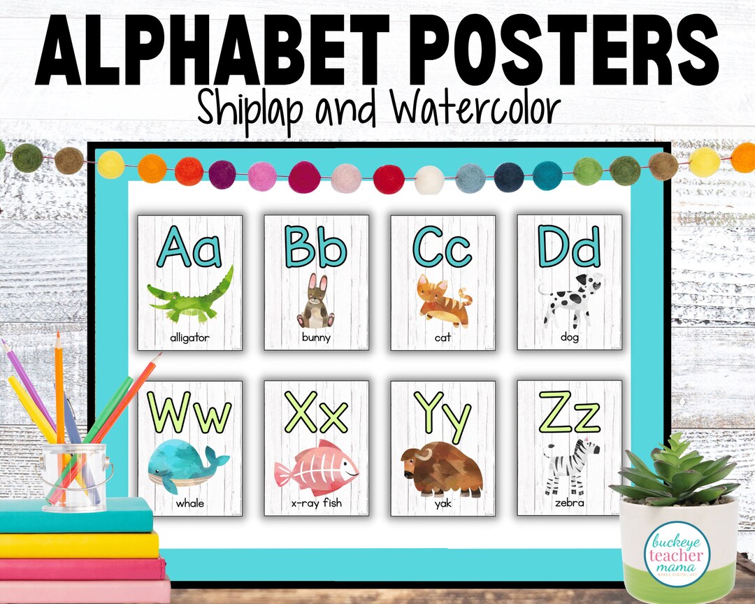 Printable ABC Posters Classroom Decor, Shiplap, Watercolor, Teal and ...