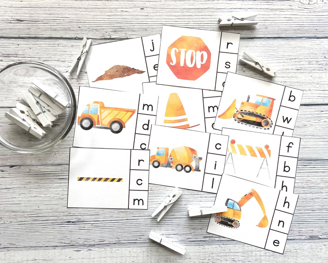 Construction Clip Cards for Preschool Montessori Letters and Counting ...