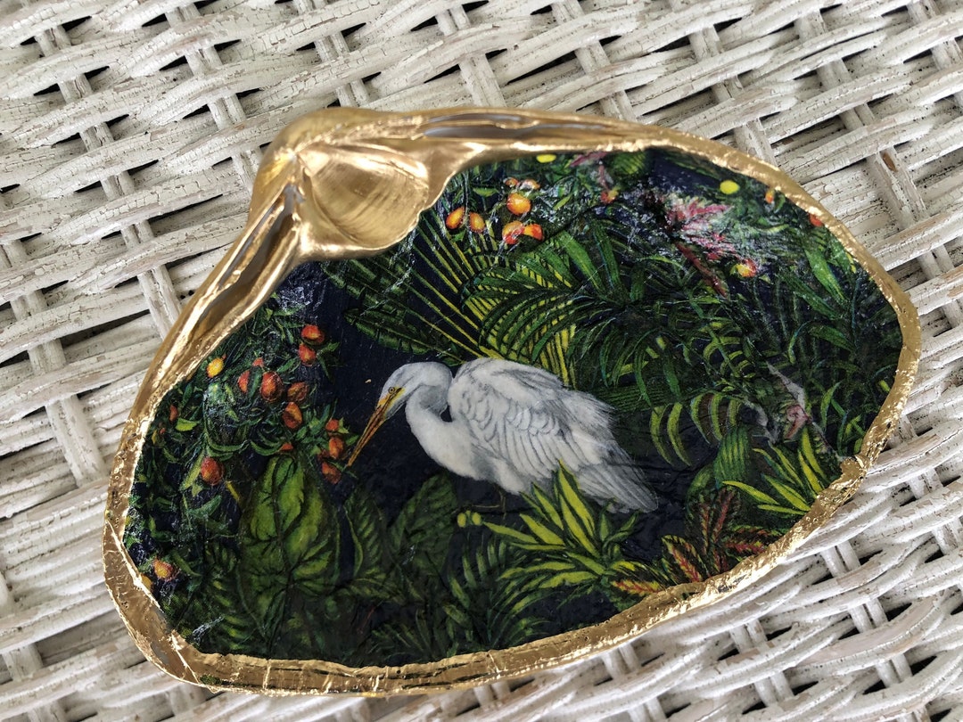 White Egret Jewelry Dish Shell Jewelry Holder Decoupage Shell Trinket ...