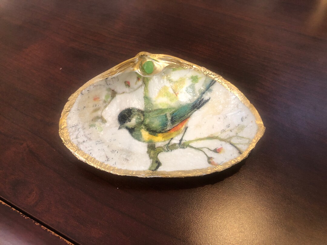 Bird Art; Decoupage Clam Shell Dish; Gold Trim - Etsy