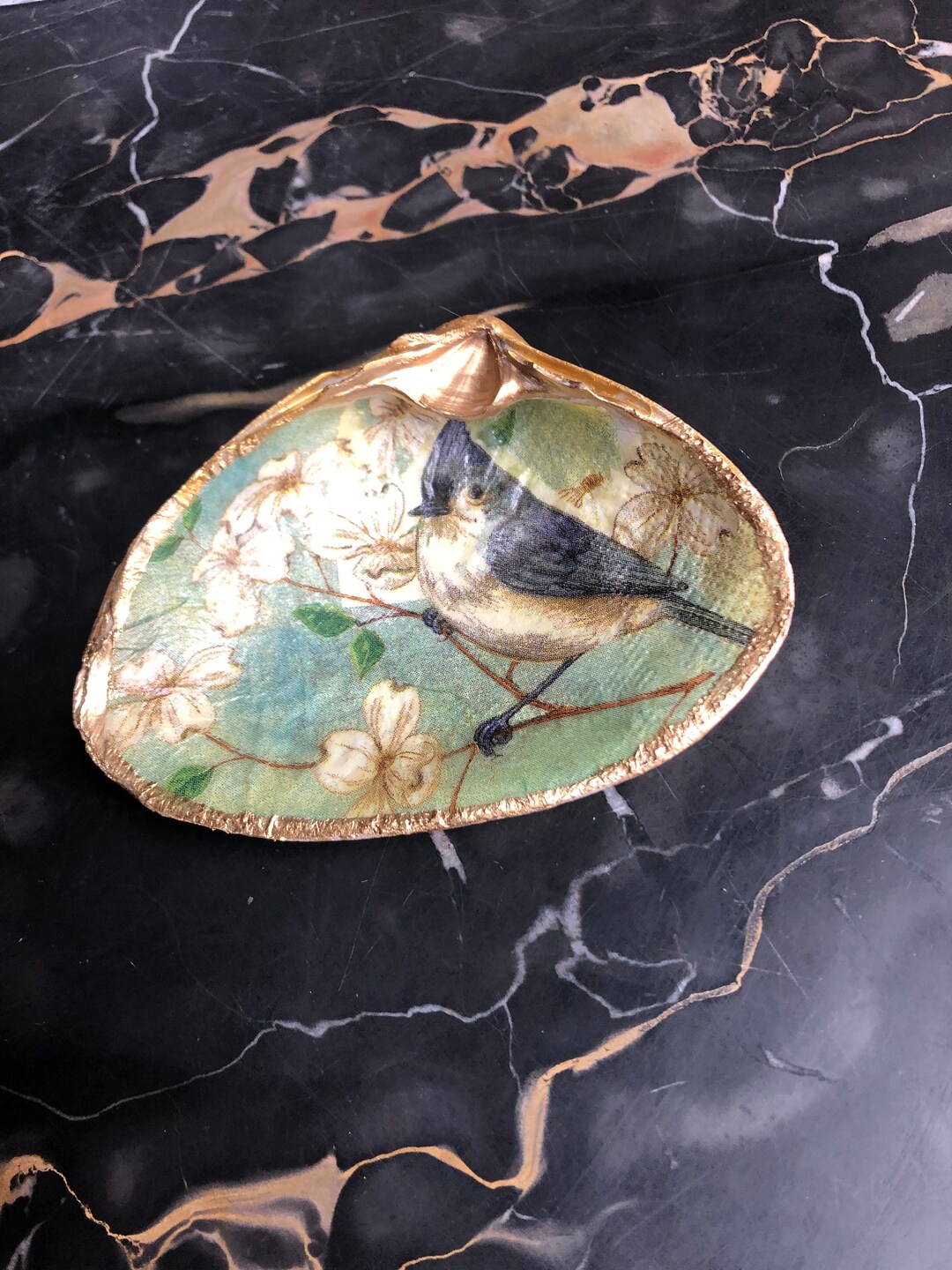 Titmouse Bird Shell Dish Decoupage Clam Shell Hostess Gift, Bird Shell ...